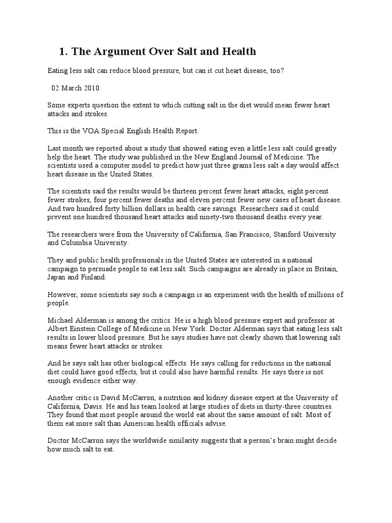 The Argument Over Salt and Health | PDF | Whole Grain | Hospital ...