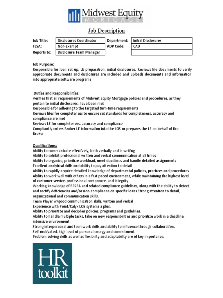 Job Description: Job Title: Department: Flsa: ADP Code: Reports To: Job ...