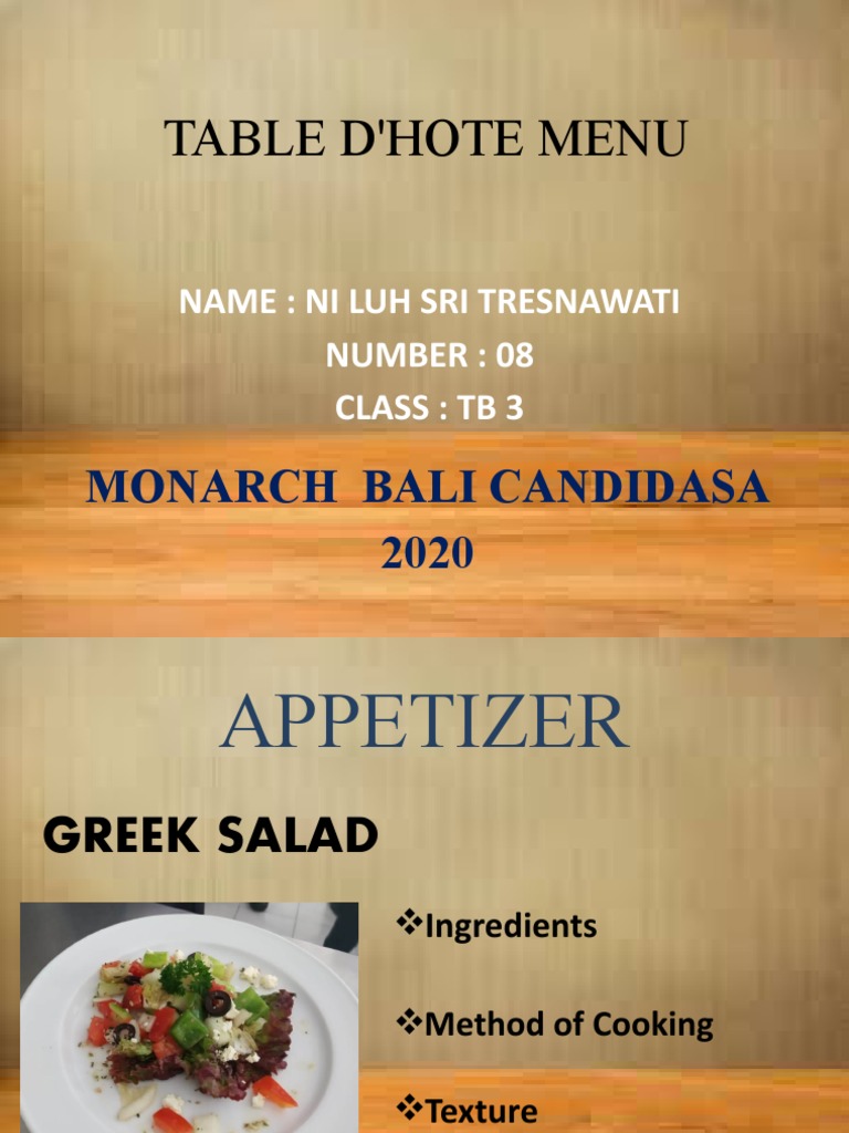 Table D'Hote Menu: Monarch Bali Candidasa 2020 | PDF