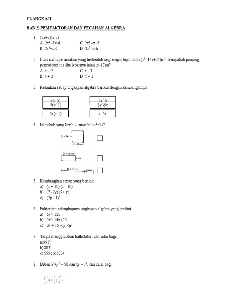 Ulangkaji Bab 2 Pemfaktoran Dan Pecahan Algebra | PDF