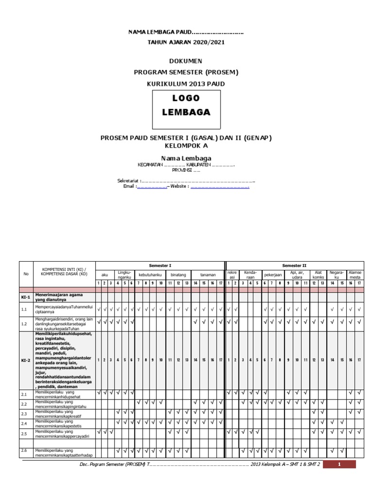 Program Semester Prosem - Promes Paud Semester 1 Dan 2 Tahun Pelajaran 2020.2021 | PDF