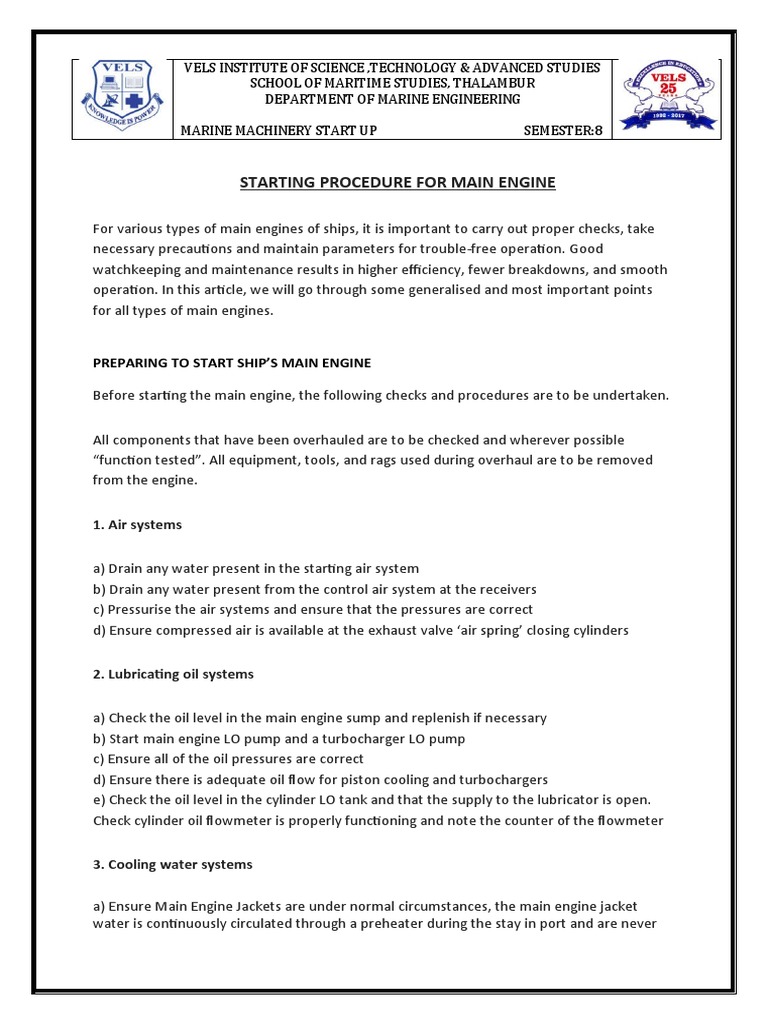 Main Engine Starting Procedure Guide | PDF | Turbocharger | Pump