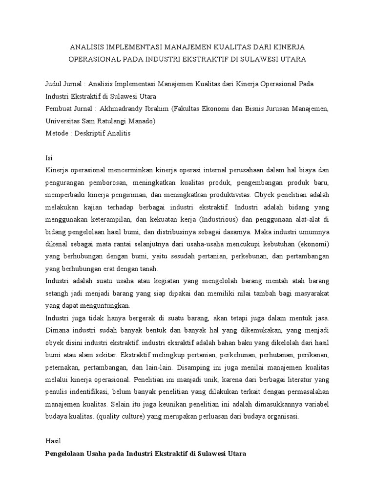 Analisis Implementasi Manajemen Kualitas Dari Kinerja Operasional | PDF