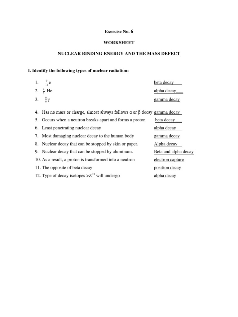Exercise No. 6 Worksheet Nuclear Binding Energy and The Mass Defect | PDF | Radioactive Decay ...