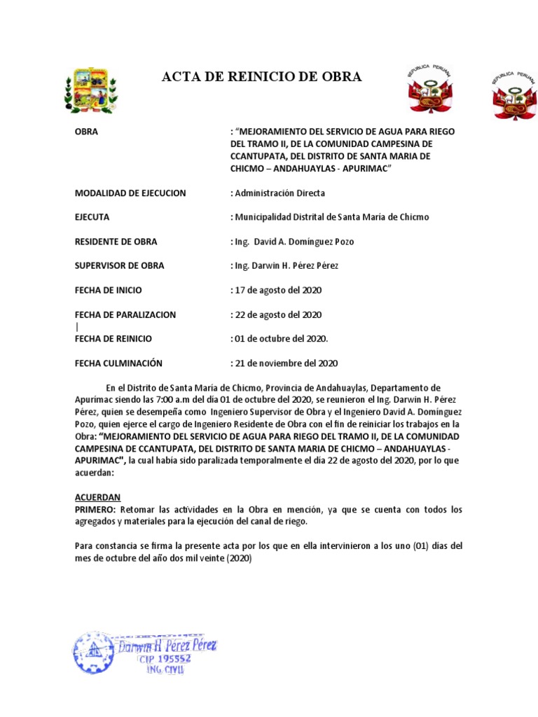 Acta de Reinicio de Obra | PDF