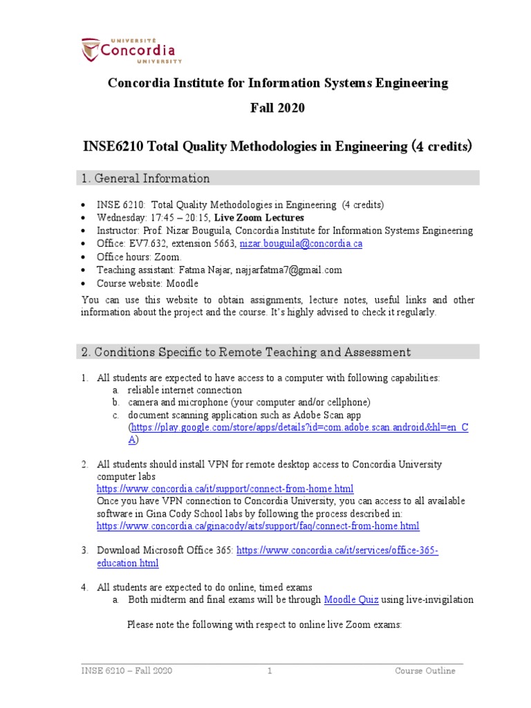 Concordia Institute For Information Systems Engineering Fall 2020 INSE6210 Total Quality ...
