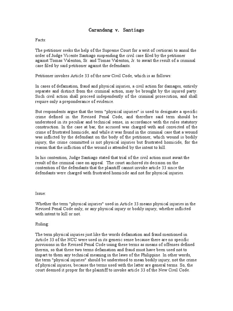 The Scope of 'Physical Injuries' Under Article 33 of the New Civil Code ...