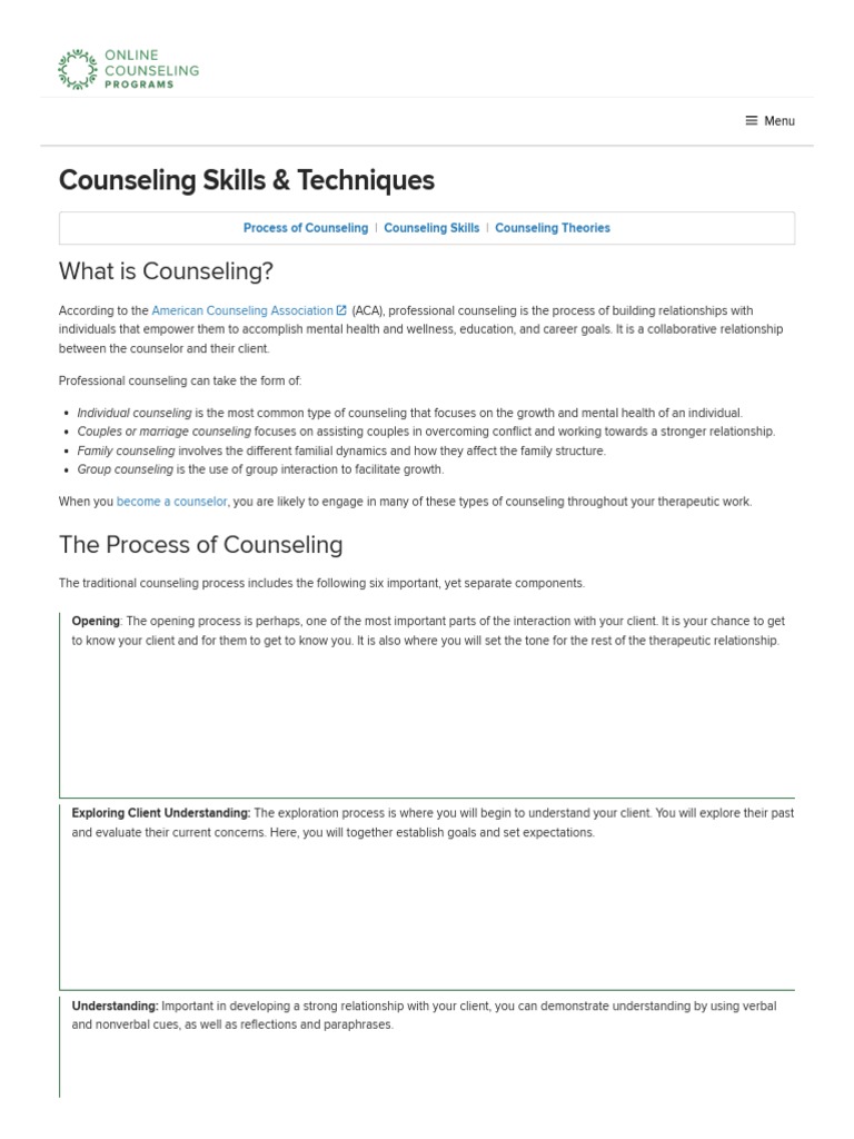 Counseling Skills and Techniques | PDF | Psychotherapy | Clinical ...