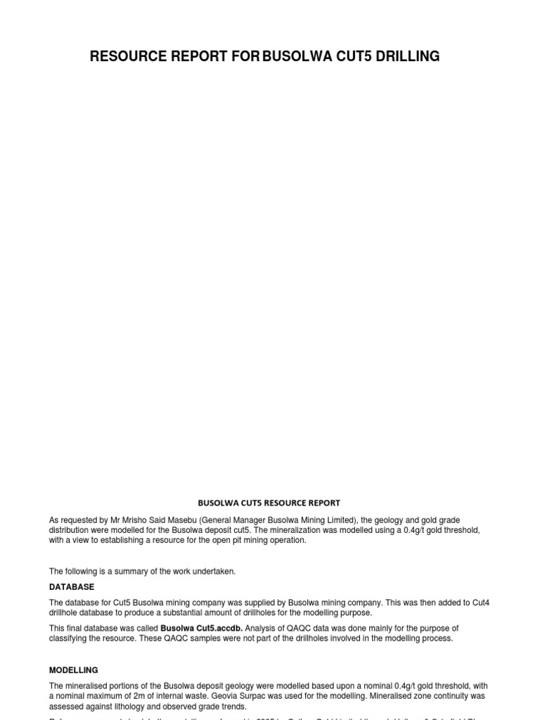 Busolwa Cut5 Mining Resource Report | PDF | Mining | Geology