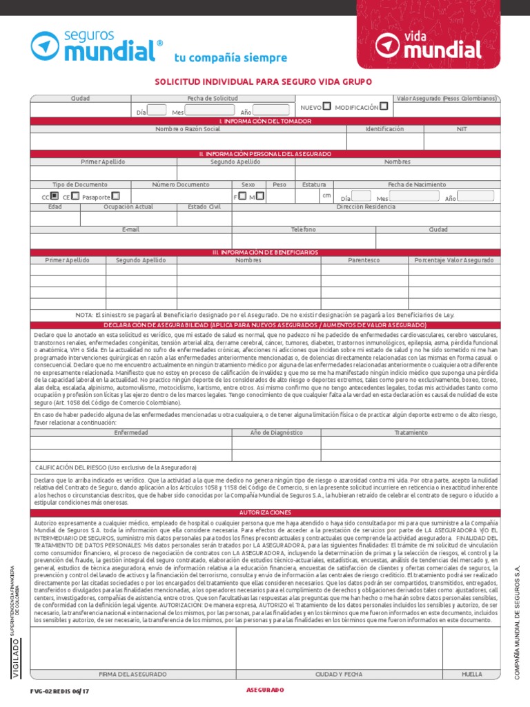 Solicitud Seguro Vida Grupo Mundial | PDF | Póliza de seguros | Seguro