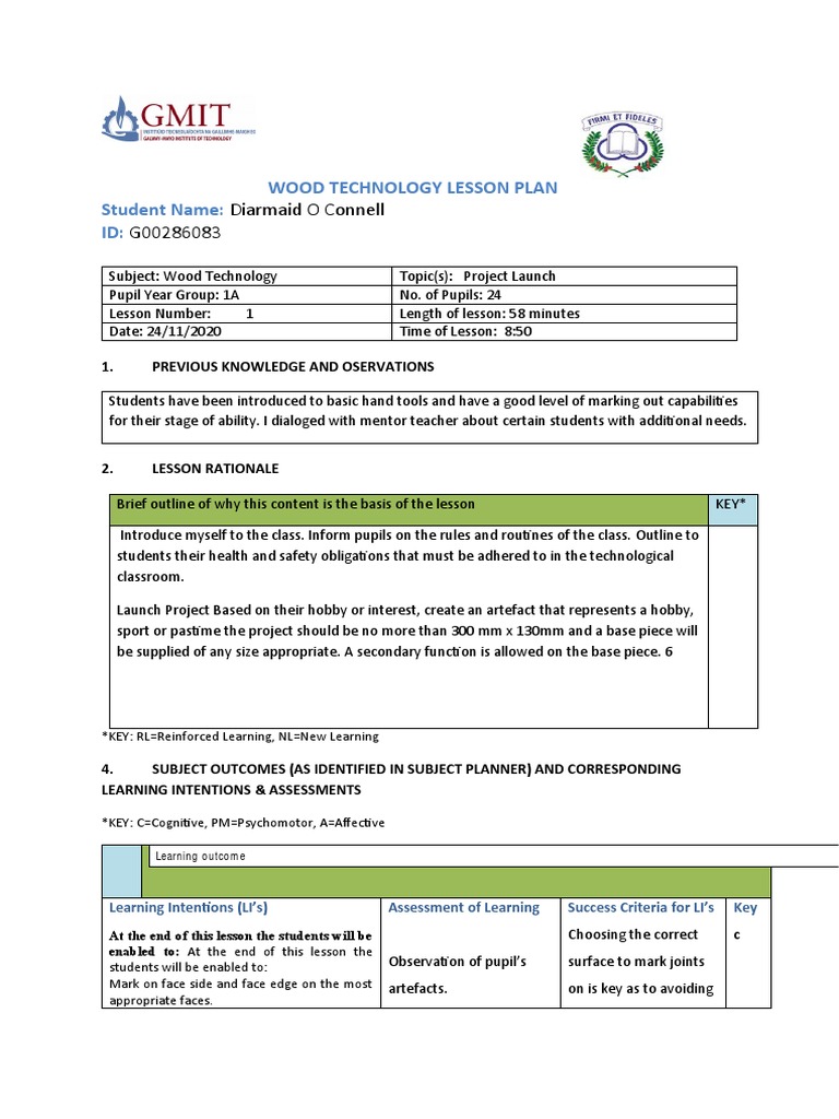 sp4 Lesson Plan Wood Technology 1st Lesson | PDF | Classroom | Lesson Plan