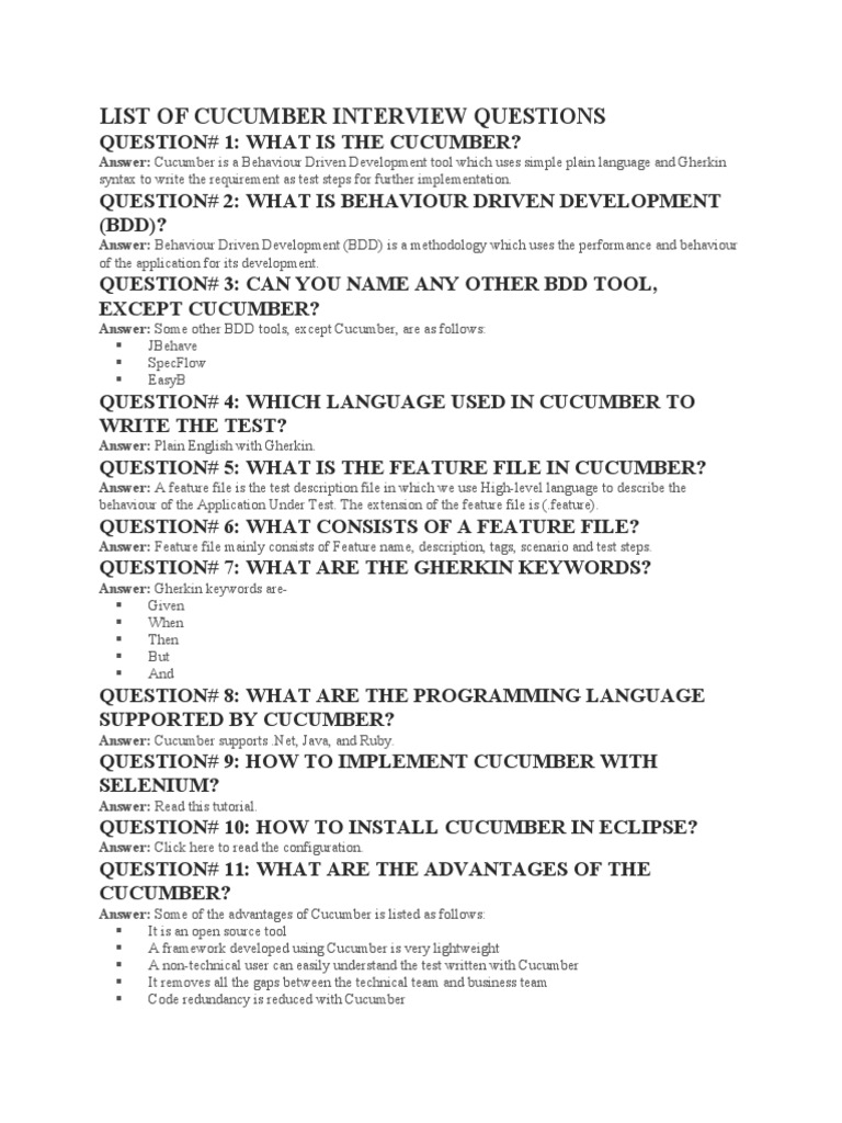 List of Cucumber Interview Questionsbdd | PDF | Software Development | Computing