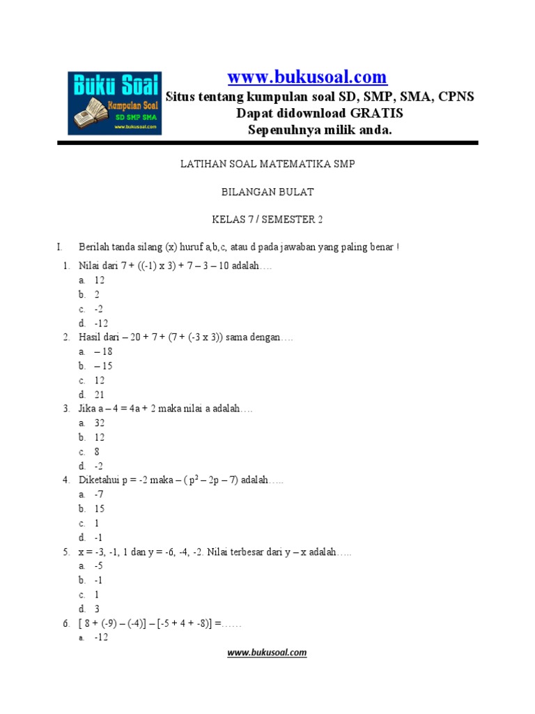 Latihan Soal Matematika Bilangan Bulat SMP | PDF