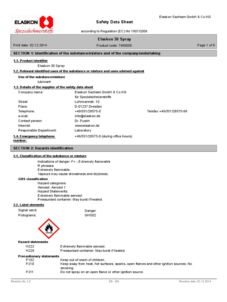Elaskon 30 Spray SDS GB-en v2,0 | PDF | Dangerous Goods | Toxicity