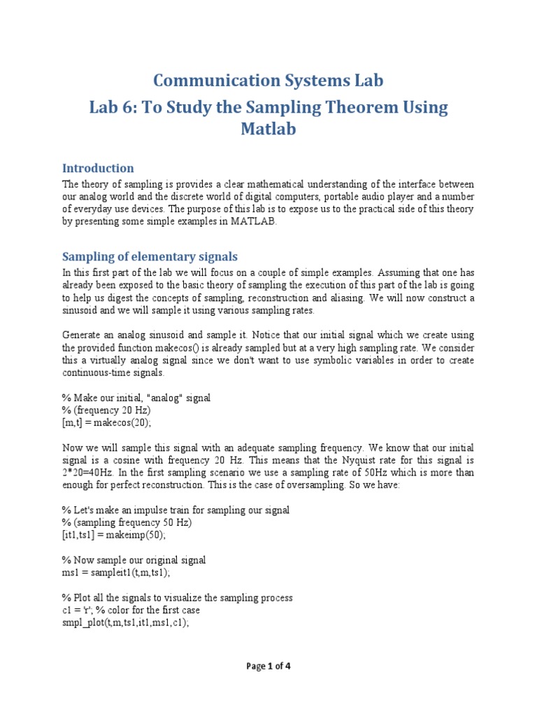 Communication Systems Lab Lab 6: To Study The Sampling Theorem Using ...