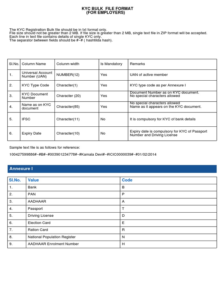 Kyc Bulk File Format (For Employers) : Annexure I | PDF | Computer Data ...