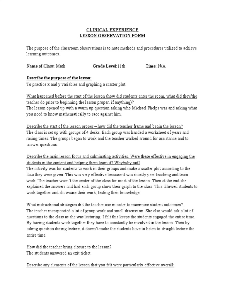 11 10 Math Lesson Observation | PDF | Lecture | Teachers