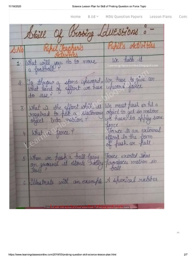 Science Lesson Plan For Skill of Probing Question On Force Topic | PDF