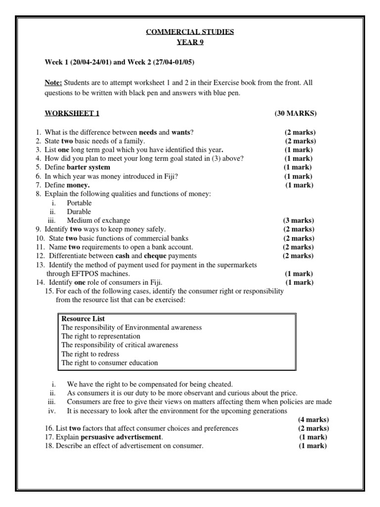 Y9 Commercials Notes and Worksheet PDF | PDF | Debits And Credits ...