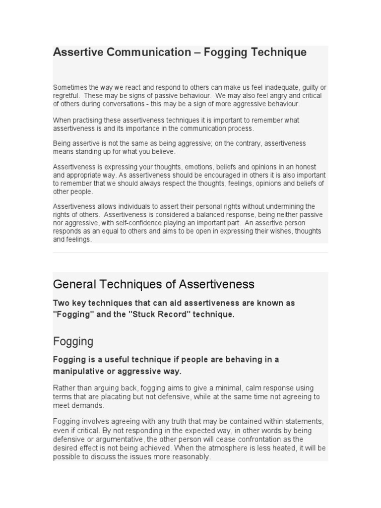 Assertiveness - Fogging Technique | PDF | Psychological Concepts