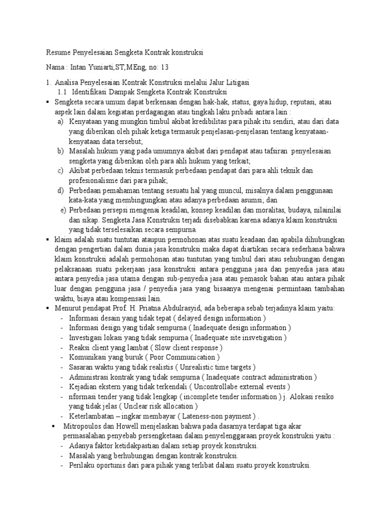 Resume 6 Studi Kasus Penyelesaian Sengketa Kontrak Konstruksi - Intan ... Resume 6 Studi Kasus Penyelesaian Sengketa Kontrak Konstruksi - Intan ...