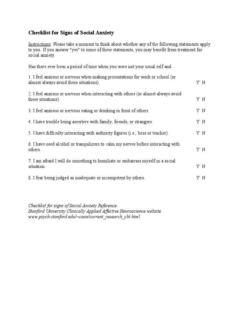 25 Checklist For Signs of Social Anxiety | PDF