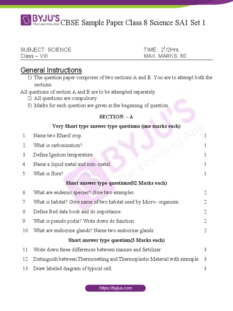 CBSE Sample Paper Class 8 Science SA1 Set 1: General Instructions | PDF