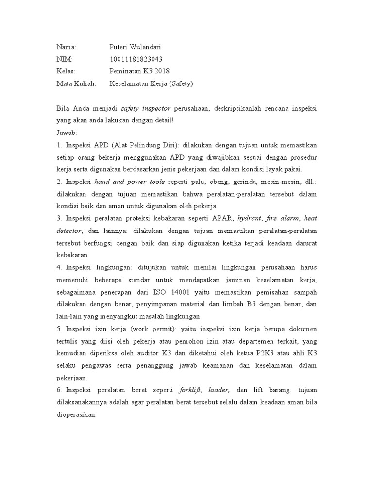 Contoh Program Inspeksi K3 | PDF
