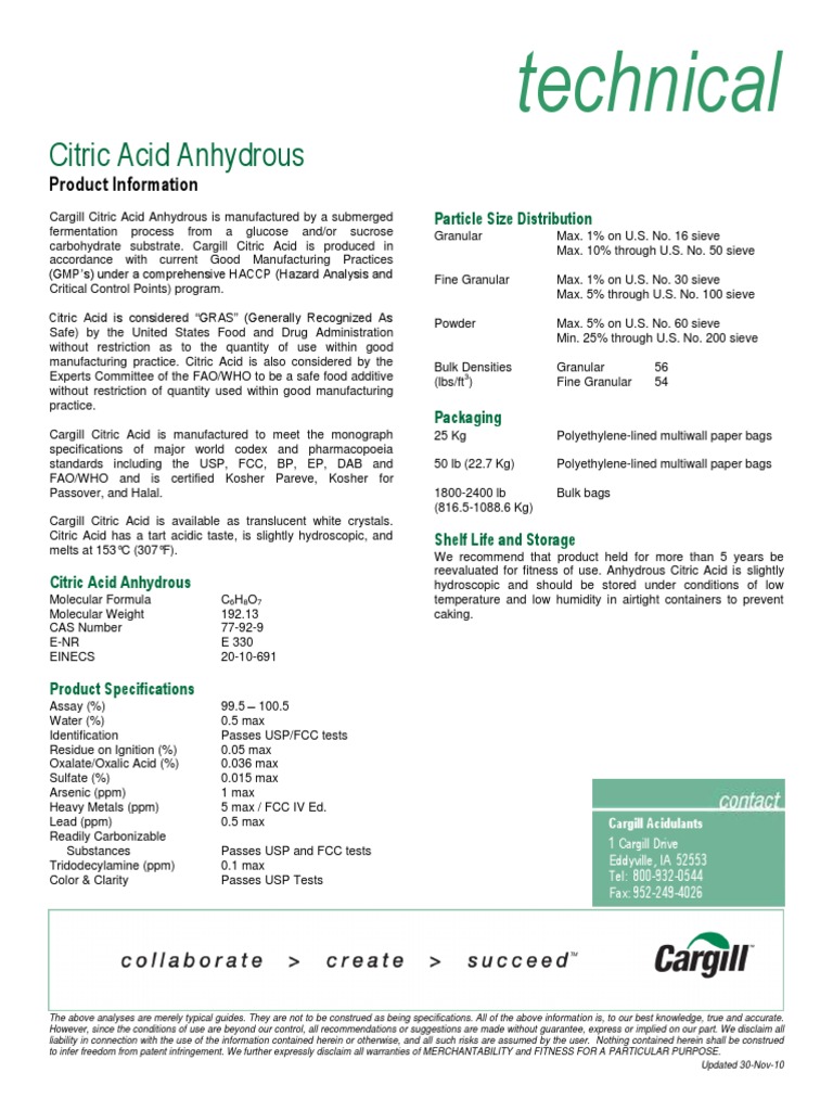 Data Sheet - Citric Acid - Cargill PDF | PDF | Chemical Substances ...