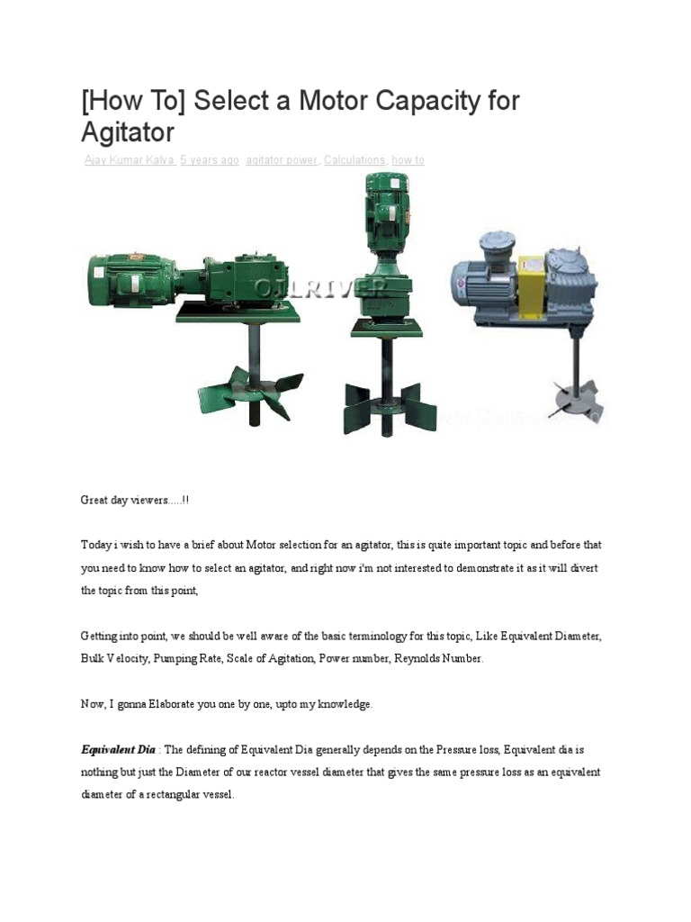 Motor Capacity Selection for Agitators | PDF | Reynolds Number ...