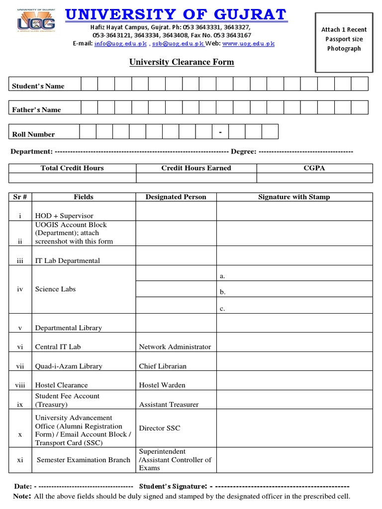 UOG Student Clearance Form PDF | PDF