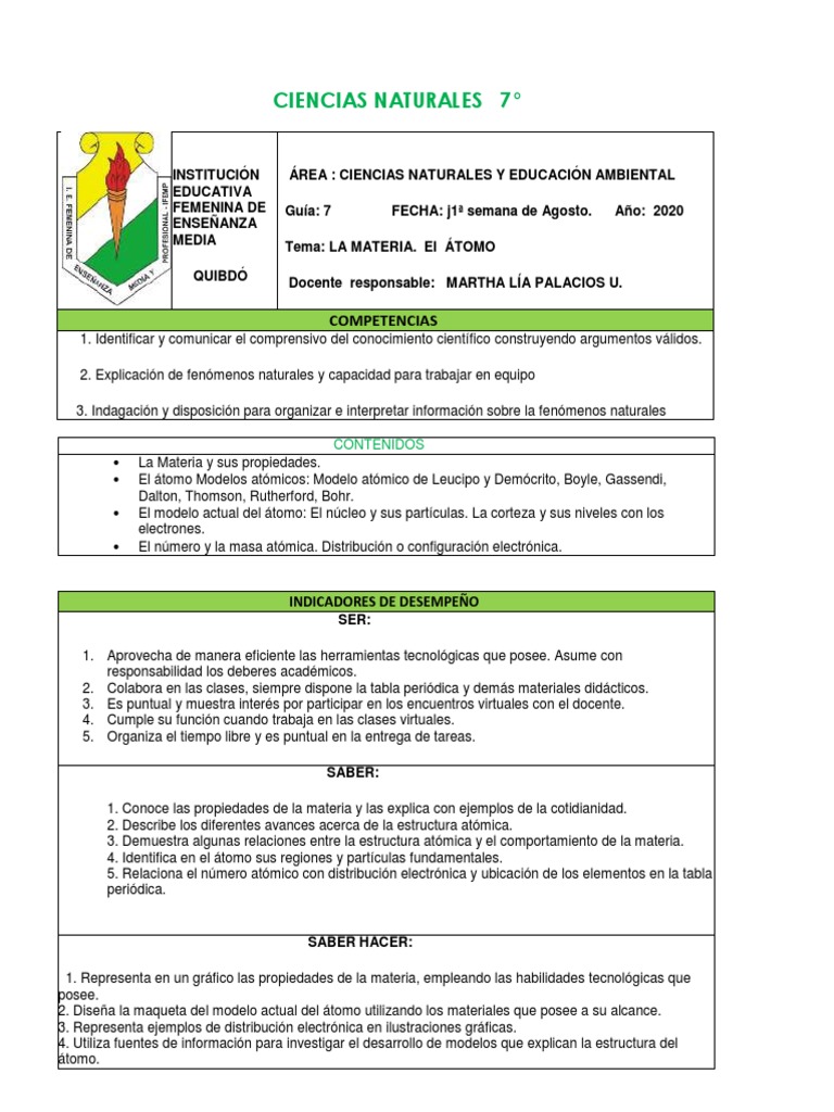 Materia y Átomo: Guía 7 Ciencias Naturales | PDF | Elementos químicos ...