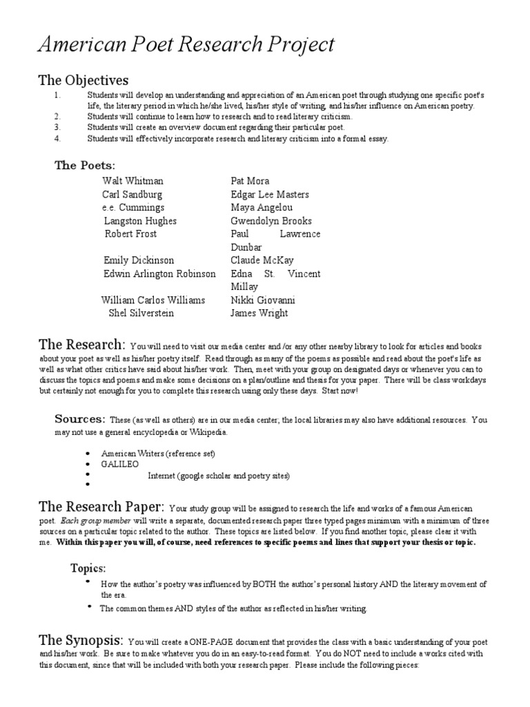 American Poet Research Project: The Objectives | PDF | American Poetry ...