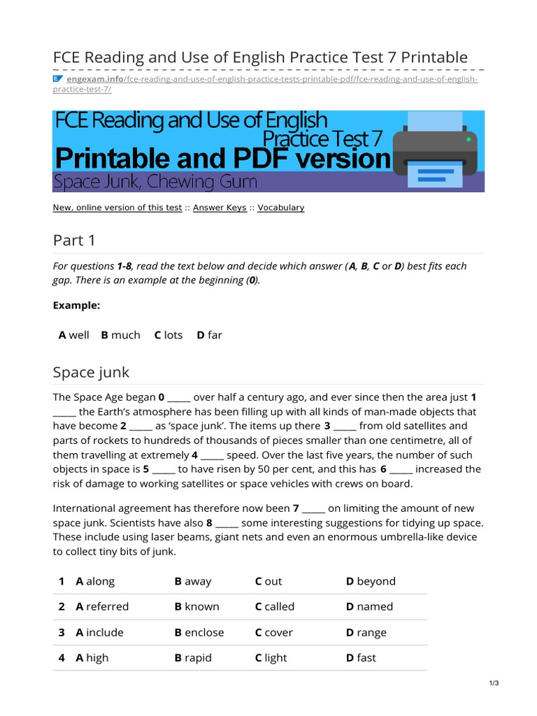 Engexam - info-FCE Reading and Use of English Practice Test 7 Printable ...