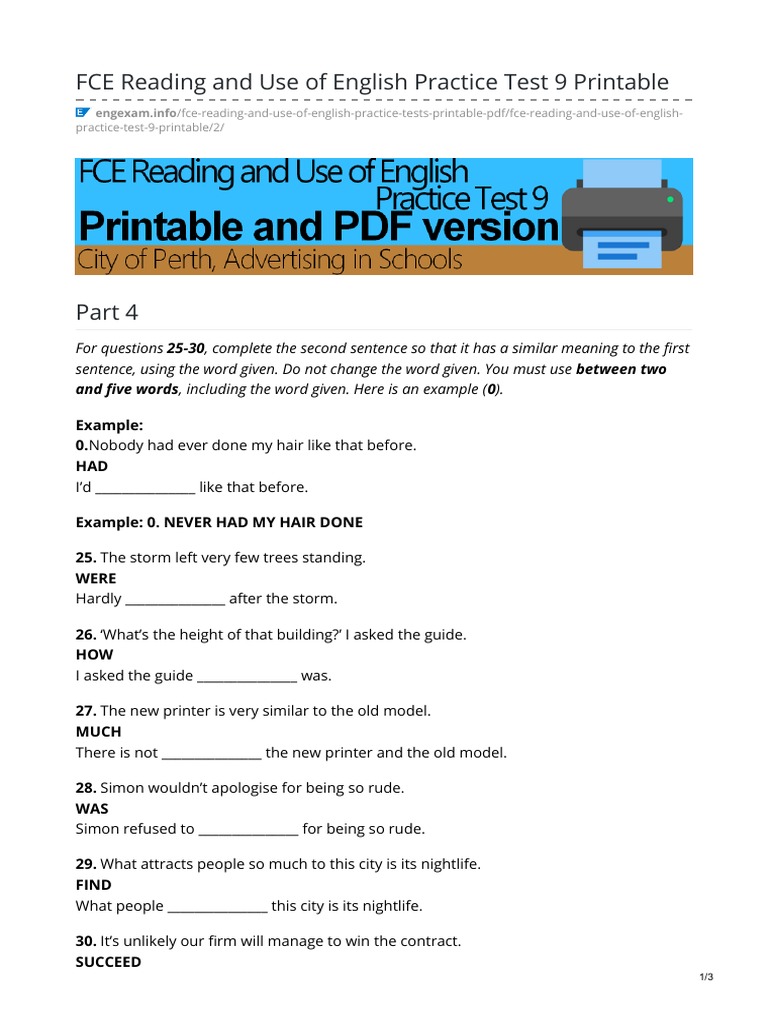 Engexam - info-FCE Reading and Use of English Practice Test 9 Printable ...