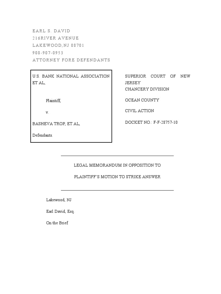 Legal Memorandum in Opposition To Motion To Strike Defendants Answer Us ...
