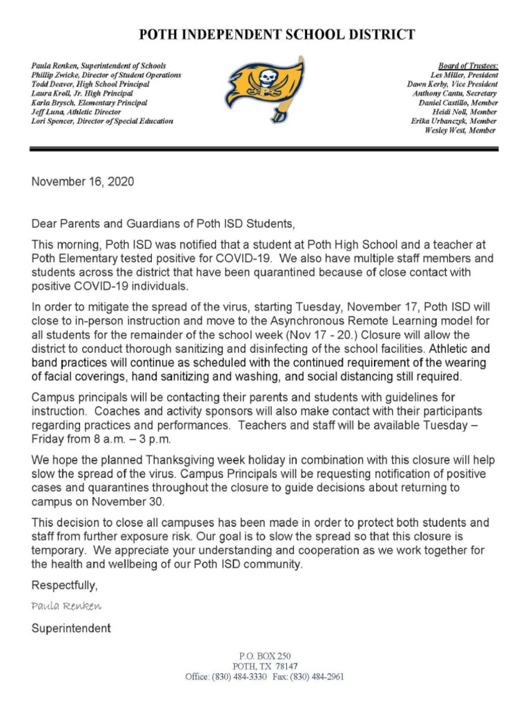 Poth ISD Letter To Parents and Staff - 11-16-2020 | PDF