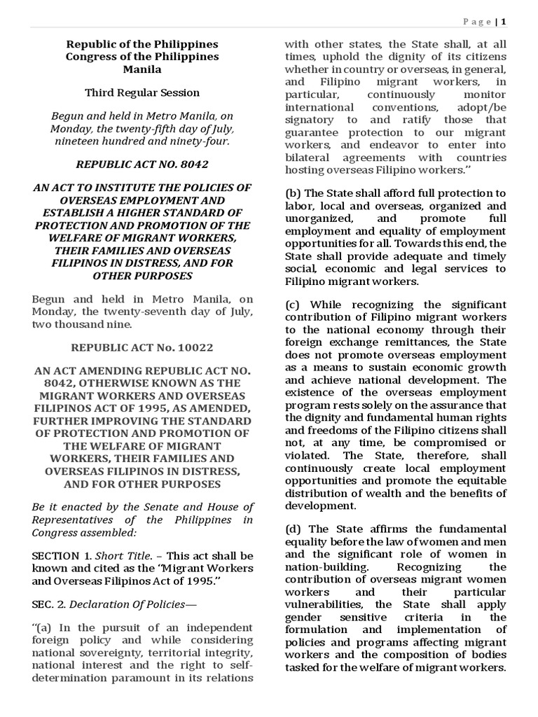 Ra 8042 As Amended by Ra 10022 L | PDF | Migrant Worker | Employment