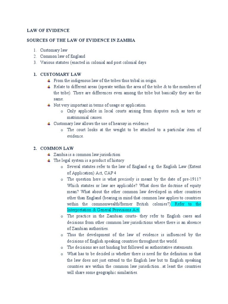 Law of Evidence Sources of The Law of Evidence in Zambia | PDF ...