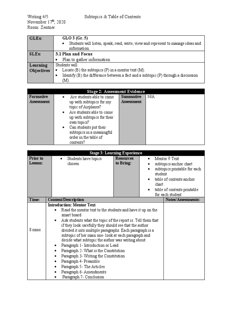 Subtopics Table of Contents | PDF | Lesson Plan | Mentorship
