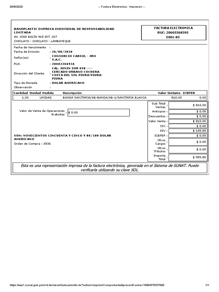Fact E001-85 Consorcio Carsol 26.08.2020 PDF | PDF | Servicios (economía) | Dinero