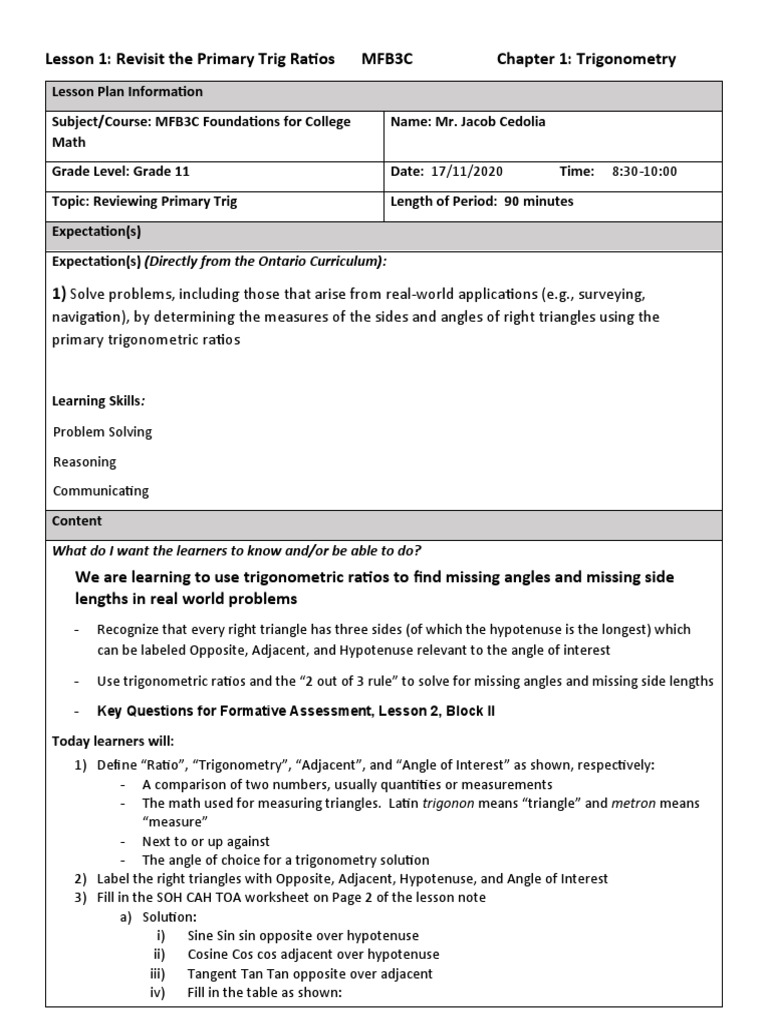 Lesson 1: Revisit The Primary Trig Ratios MFB3C Chapter 1: Trigonometry ...