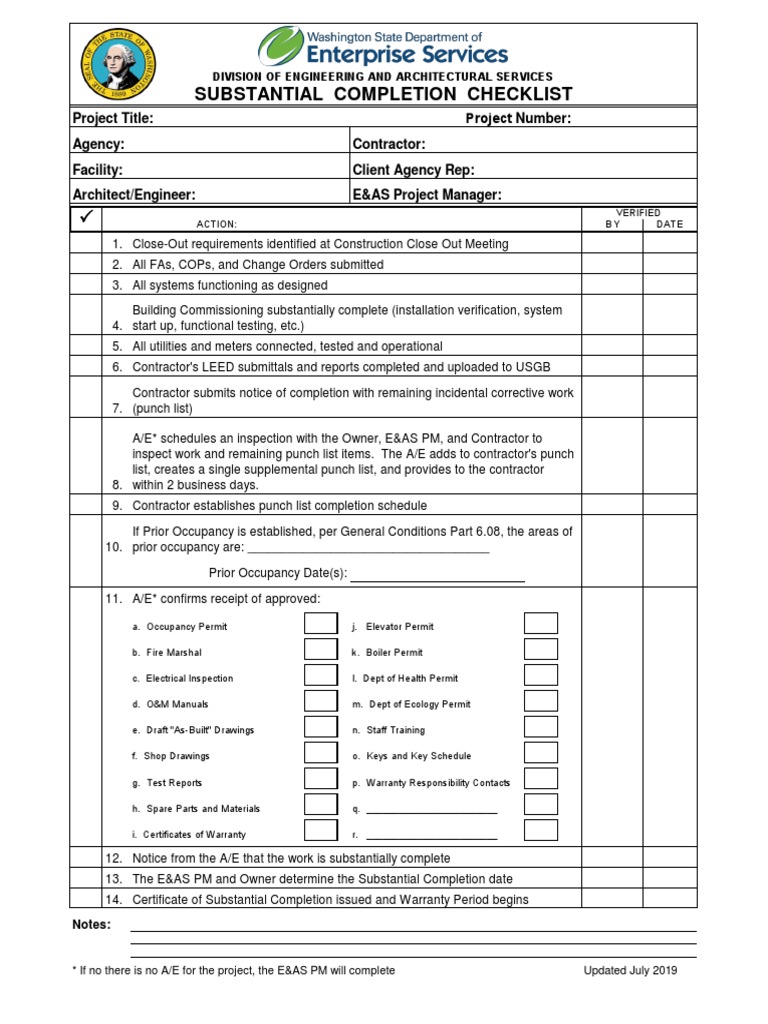 Substantial Completion Checklist: Project Number: Project Title: Agency ...