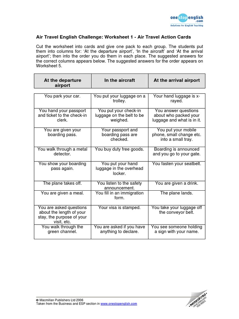 Air Travel English Challenge: Worksheet 1 - Air Travel Action Cards | PDF
