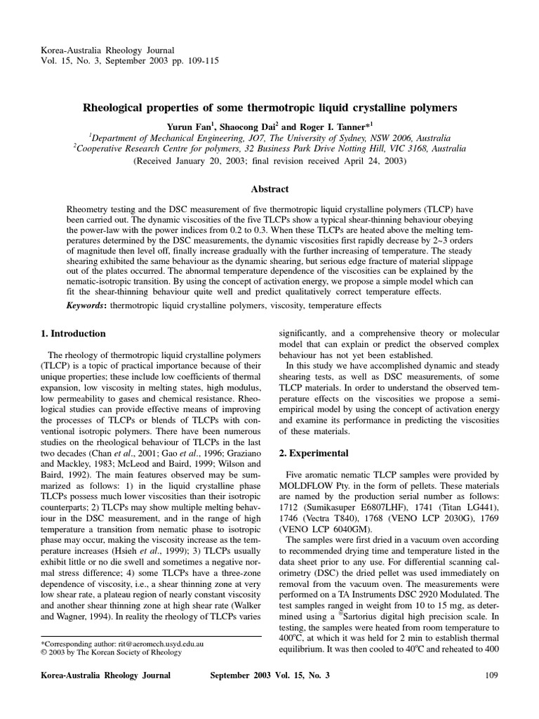 Rheological Properties of Some Thermotropic Liquid Crystalline Polymers ...