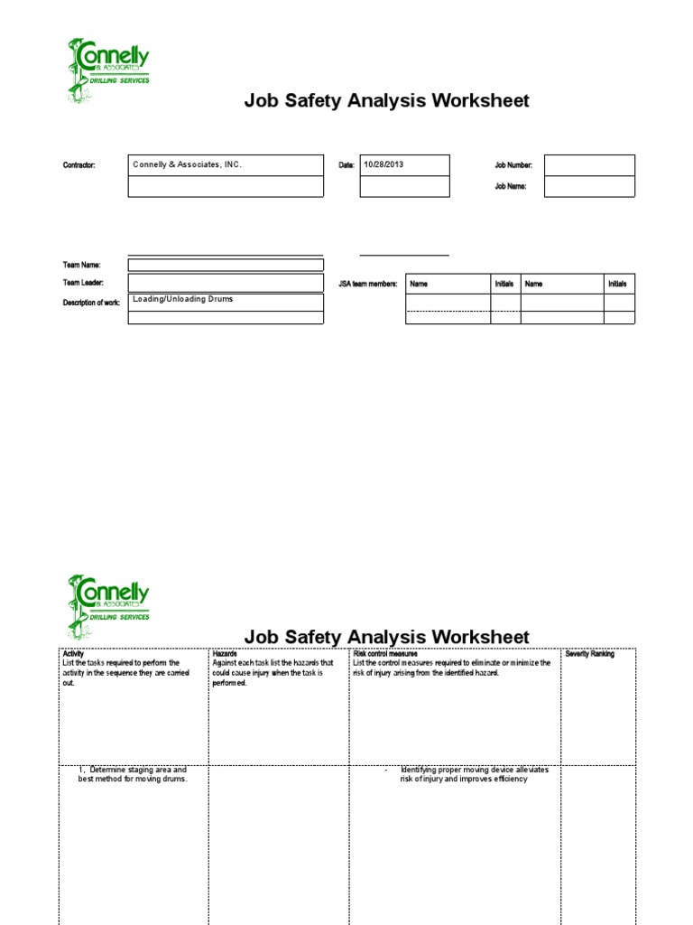 Job Safety Analysis Worksheet: Connelly & Associates, INC | PDF ...