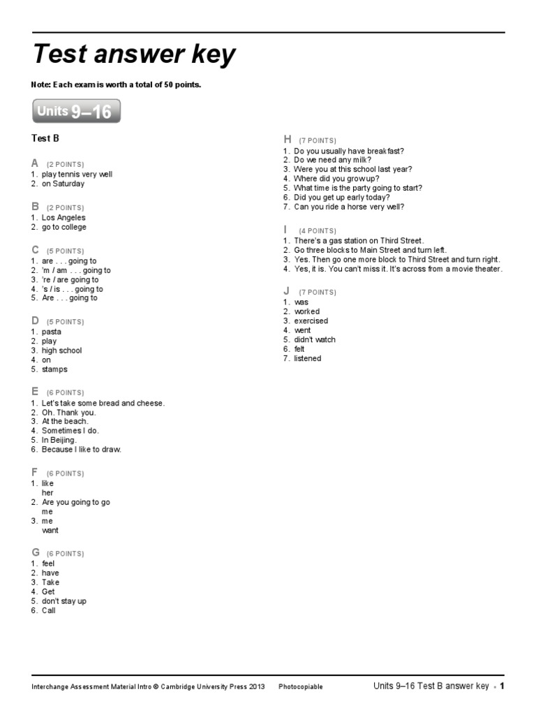Test Answer Key: Units | PDF