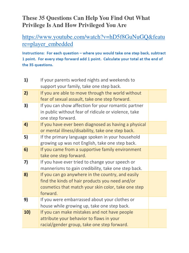 35 Questions Reveal Your Level of Privilege | PDF