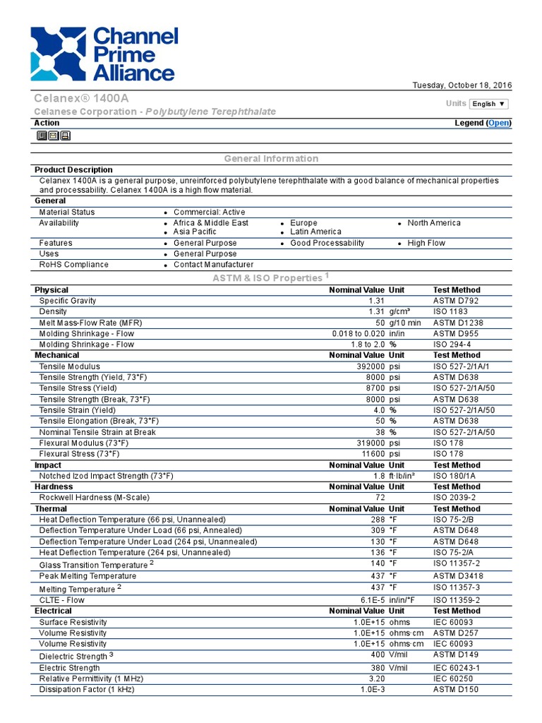 Celanese Corporation Celanex® 1400A Polybutylene Terephthalate | PDF ...