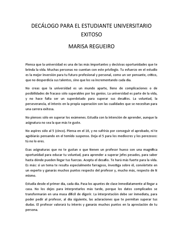 Decálogo para El Estudiante Universitario Exitoso | PDF | Educación ...